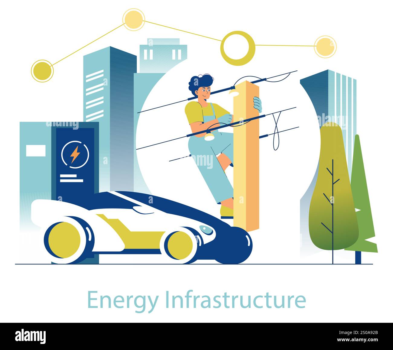 Energy Infrastructure concept. Modern urban electrification with electric vehicle charging and ...