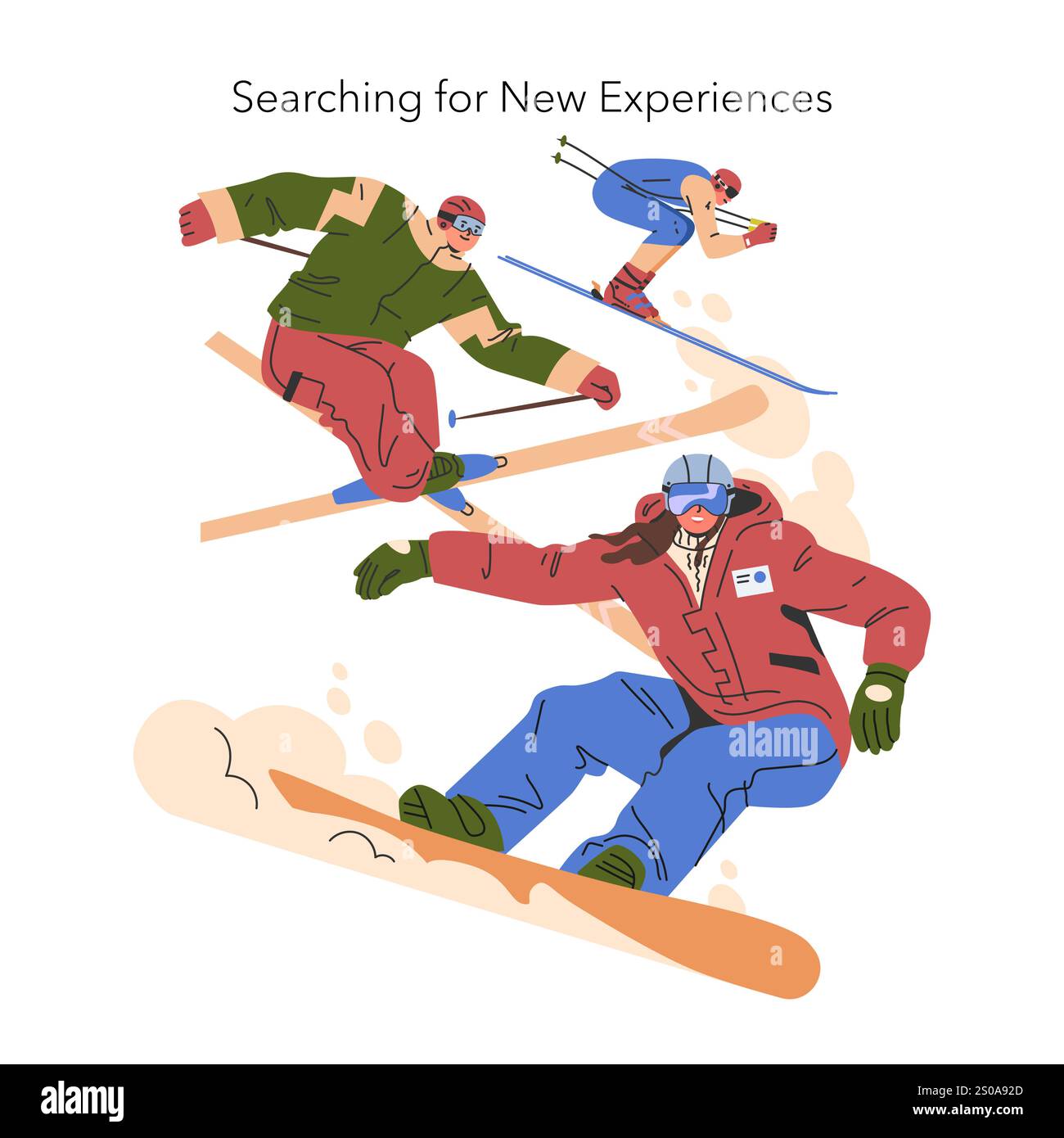 Winter sports adventure concept. Enthusiastic skiers glide down snowy ...