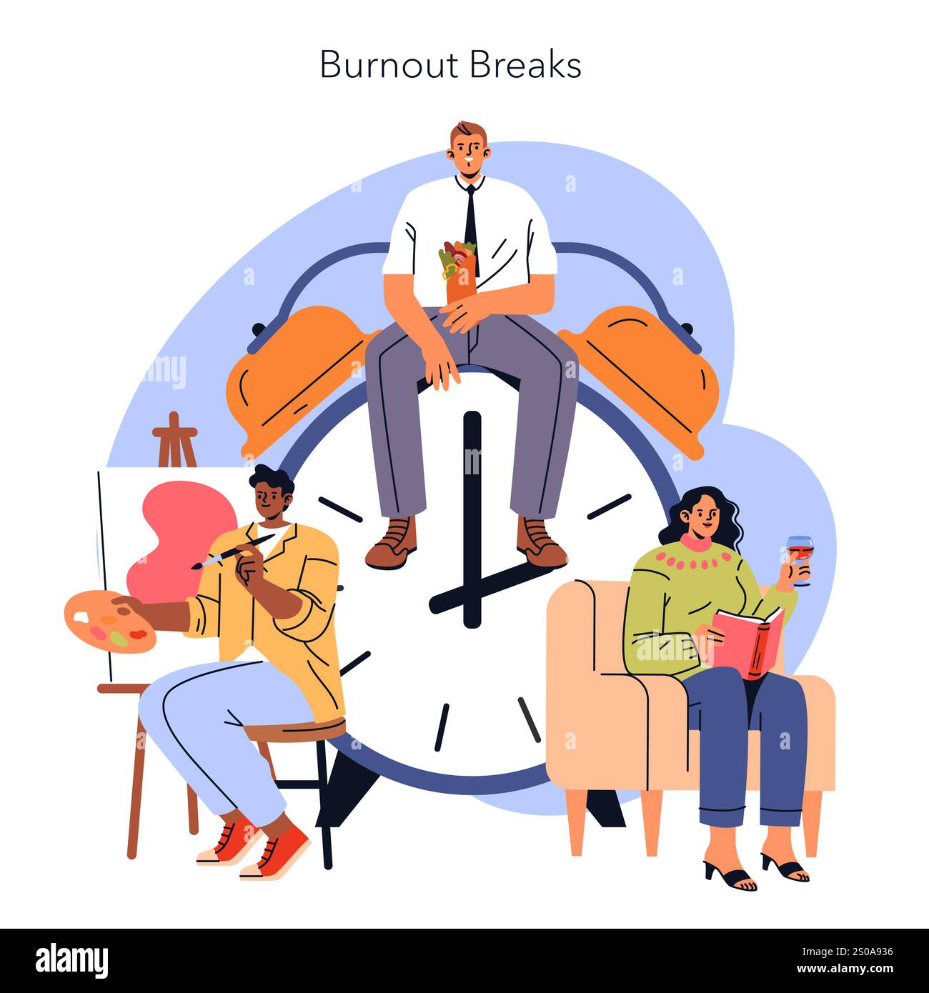 Burnout Breaks concept. Professionals relaxing with hobbies such as painting and reading on a ...