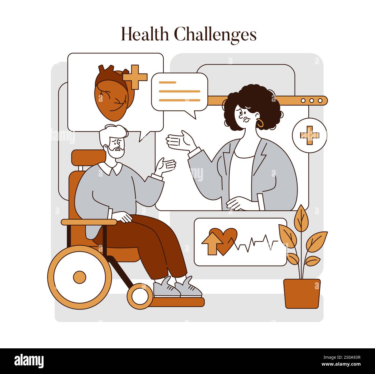 Senior healthcare concept. An elderly man in a wheelchair discussing health issues with a ...