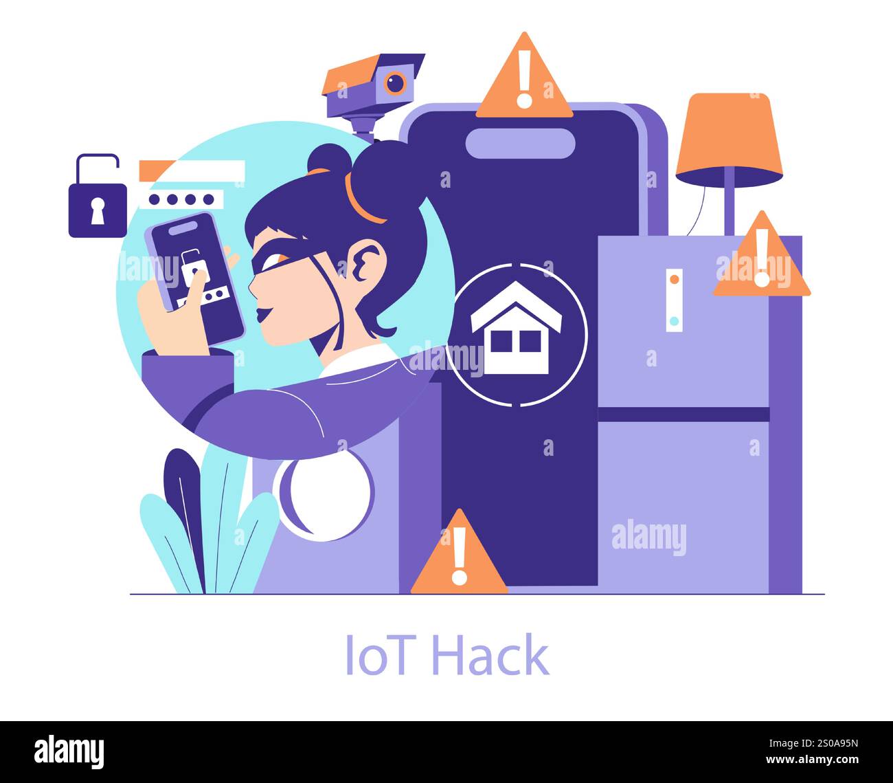 Cybercrime concept. A hacker compromises smart home devices using a smartphone to illustrate the ...