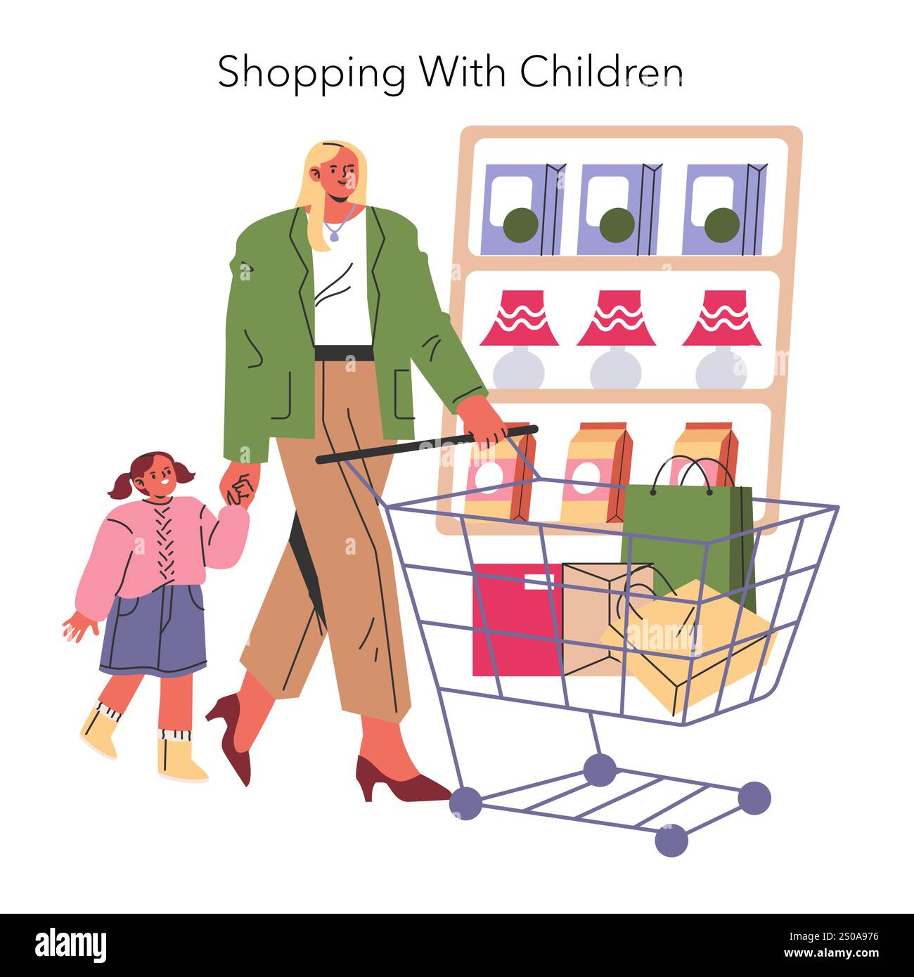 Working Mom Life concept. A mother shopping with her child, filling a ...