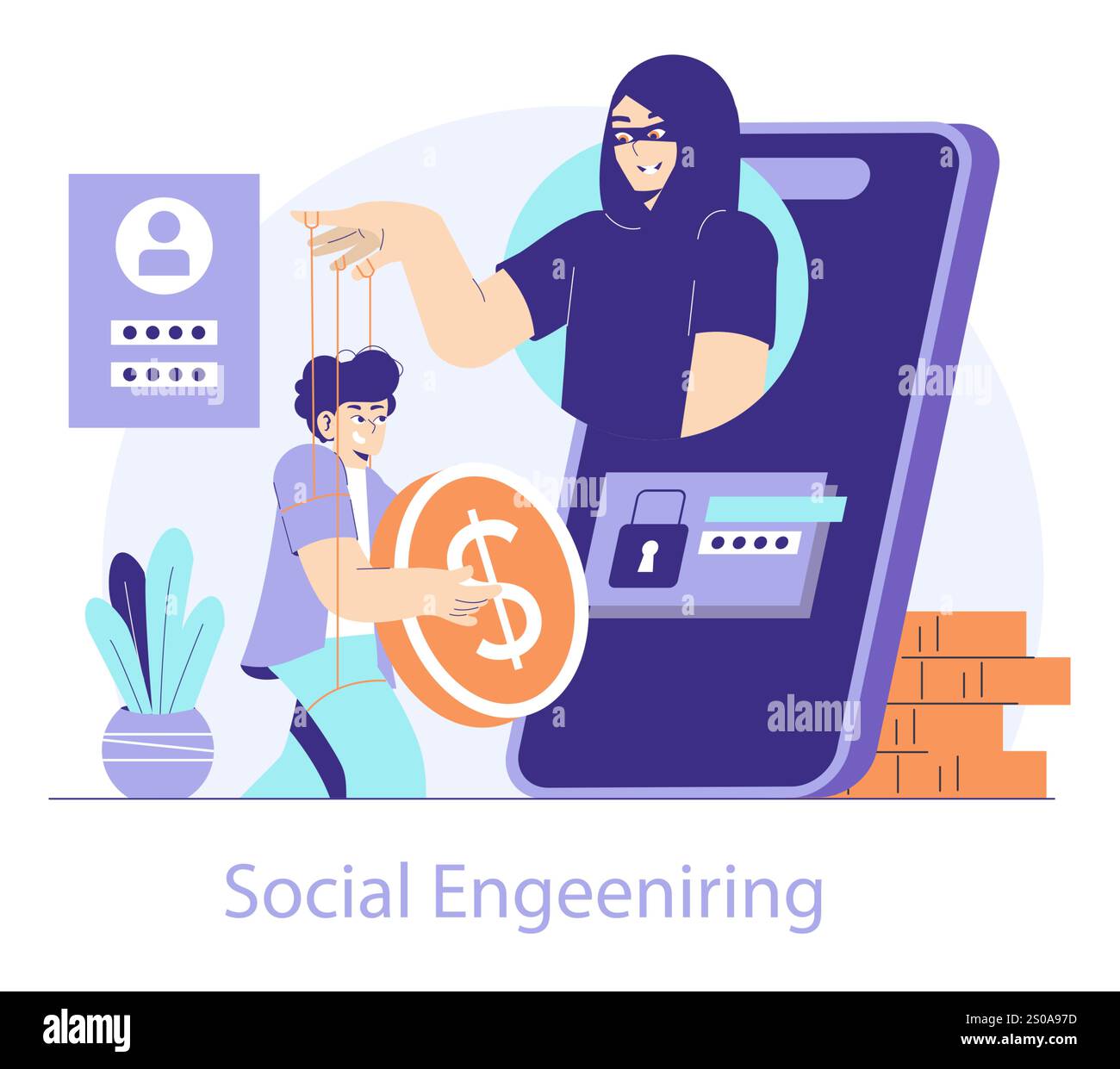 Cybercrime concept. A hacker manipulates an unsuspecting user against a ...