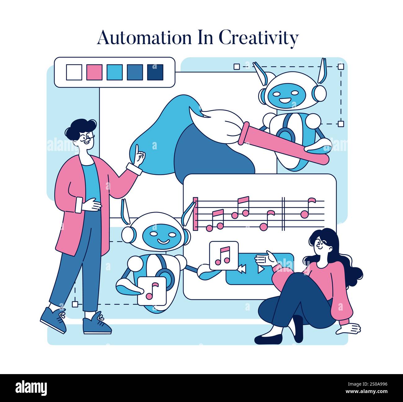 Automation in creativity concept. Robots assisting in musical composition as humans engage with ...