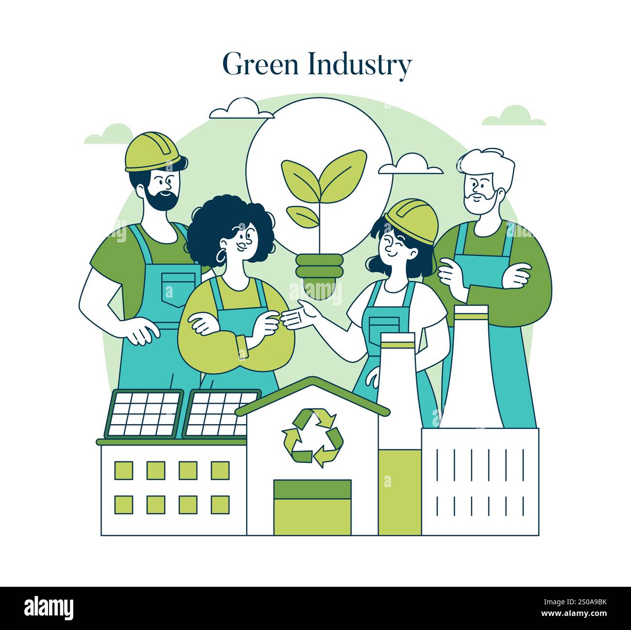 Green infrastructure concept. Eco-friendly industry practices featuring workers united for ...