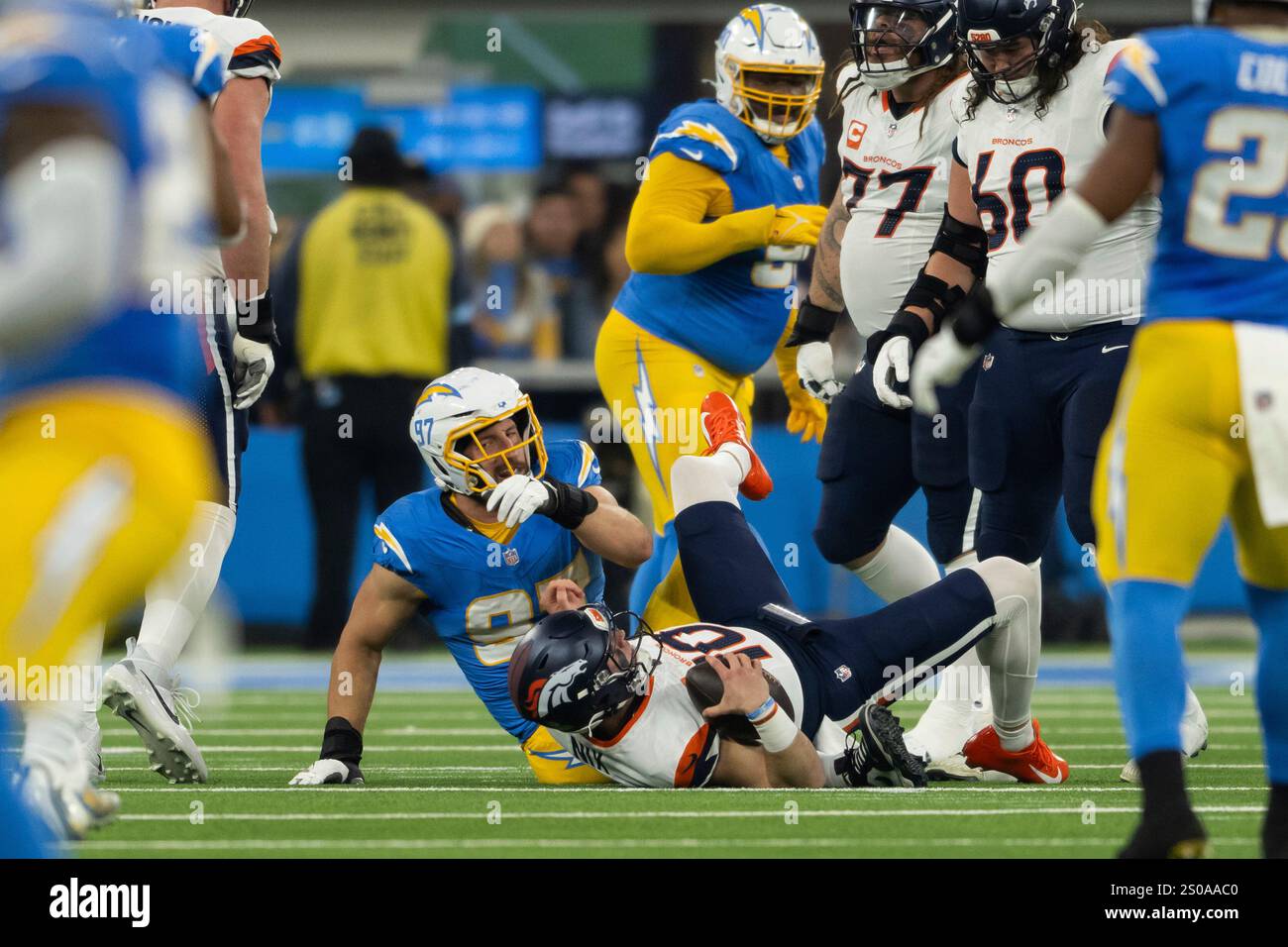 Los Angeles Chargers linebacker Joey Bosa (97) sacks Denver Broncos ...