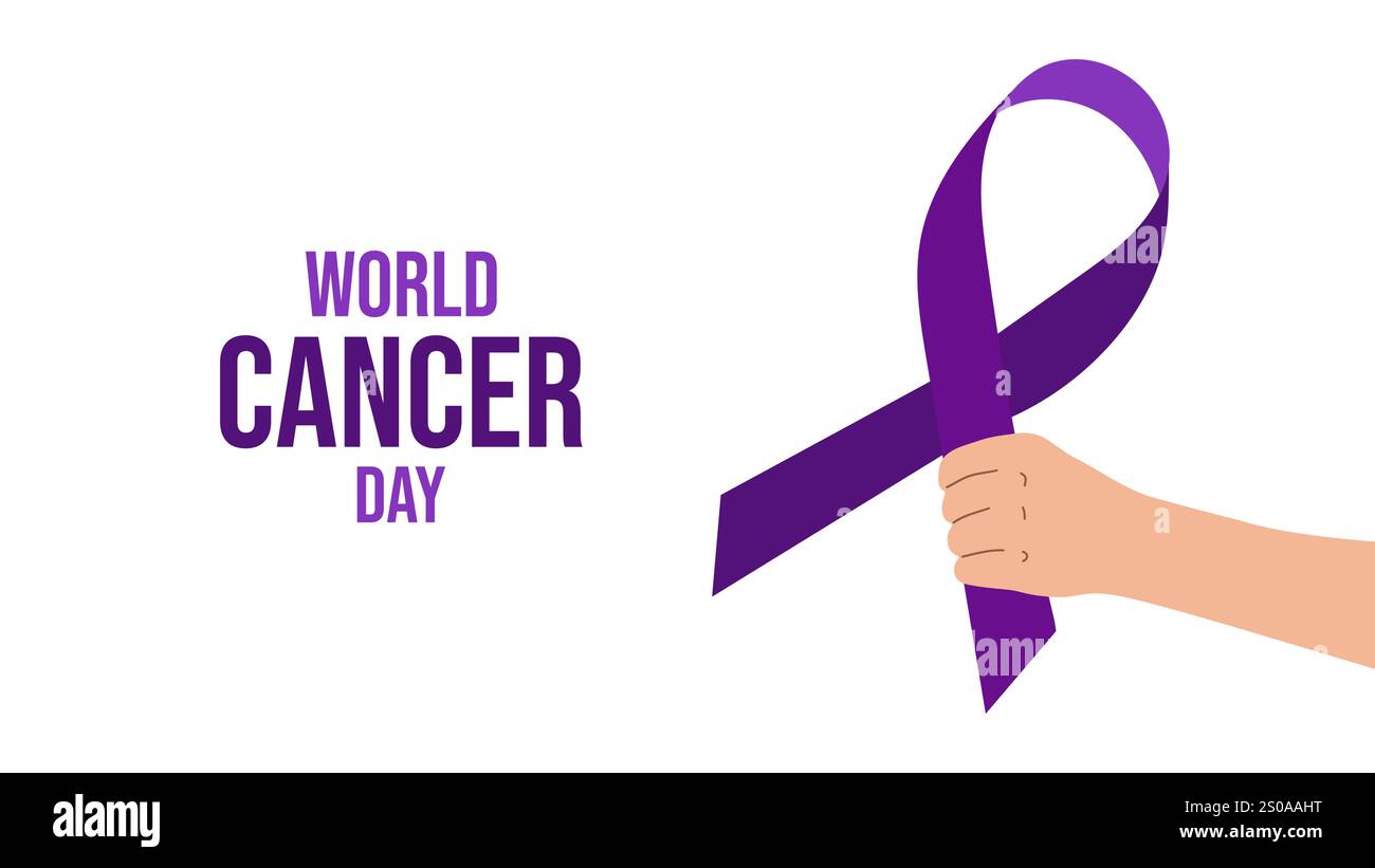World Cancer Day. February 4th. Raising awareness. Hand holds purple ...