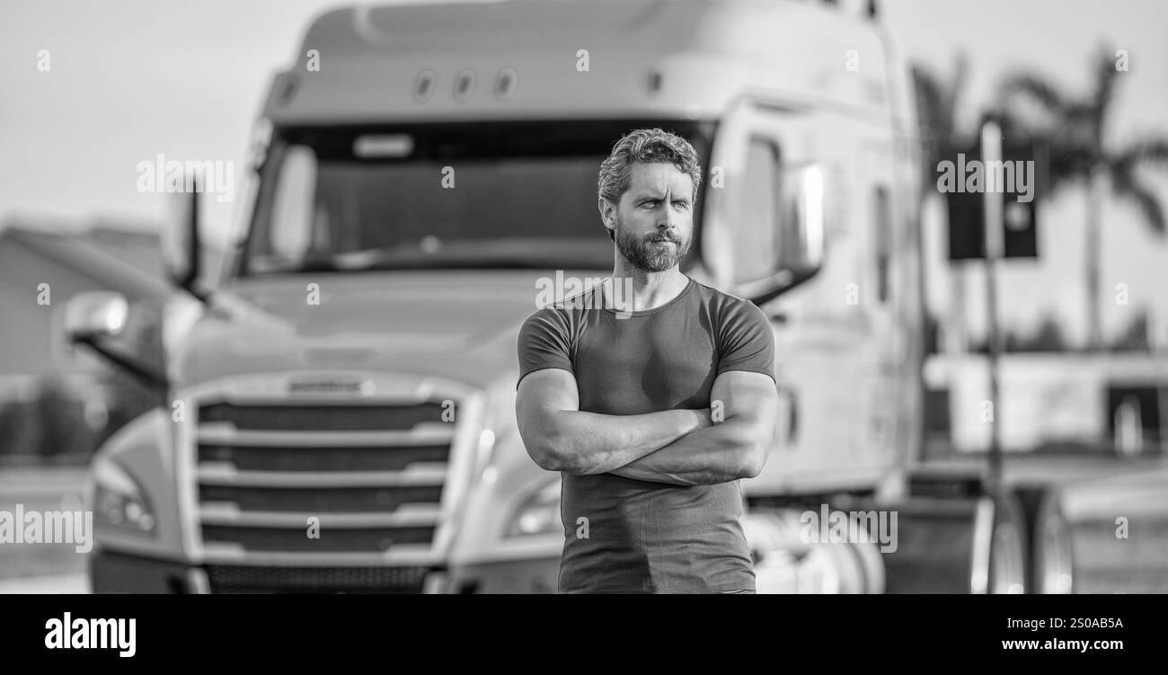 hispanic man posing in front of truck. Semi trucks vehicle. man driver ...