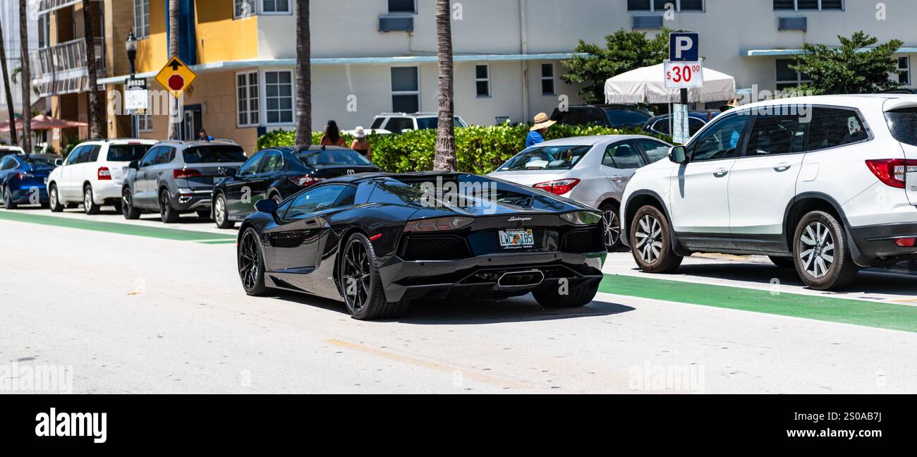Miami Beach, Florida USA - June 8, 2024: 2023 Lamborghini Huracan Tecnica green at miami beach ...