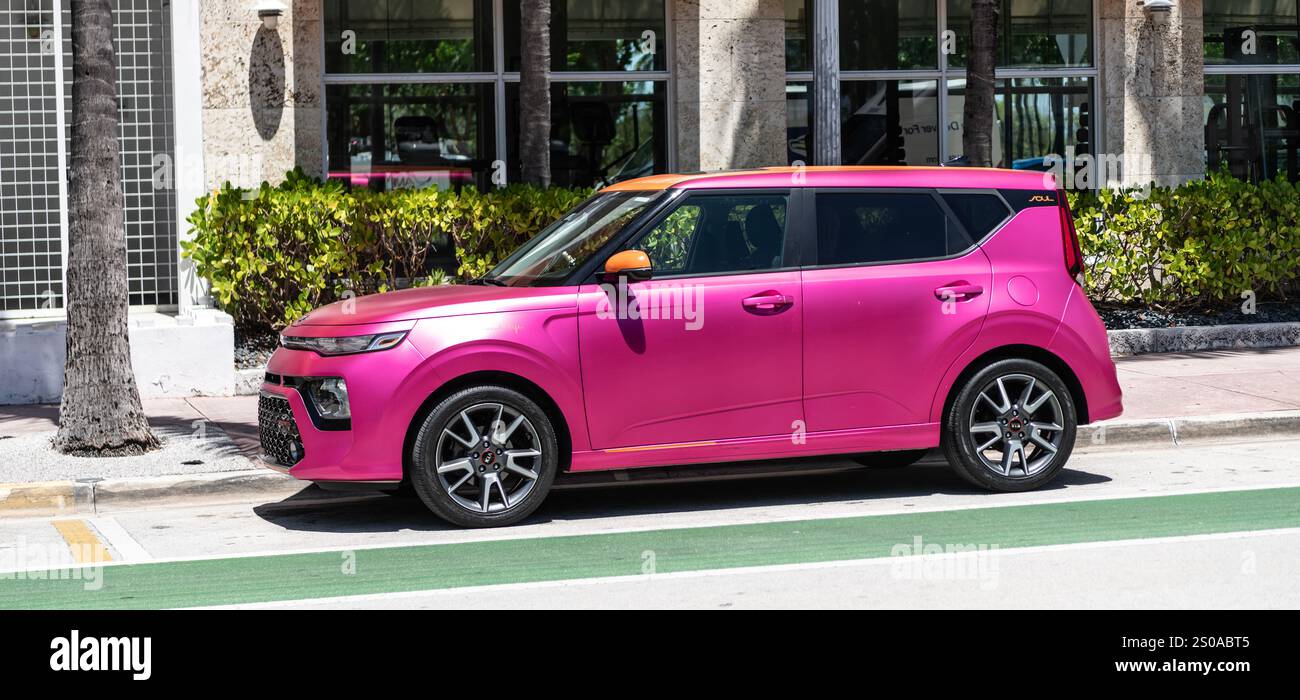 Miami Beach, Florida USA - June 5, 2024: Kia soul pink in ocean drive ...