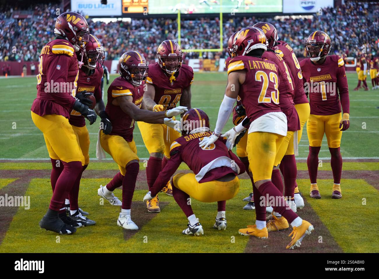 Washington Commanders cornerback Mike Sainristil (0) gives a dance ...