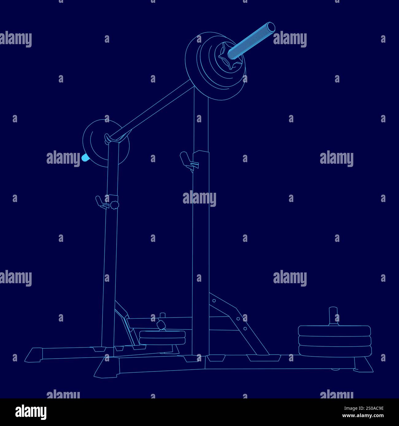 Blue drawing of a weightlifting machine with a barbell on it. The ...
