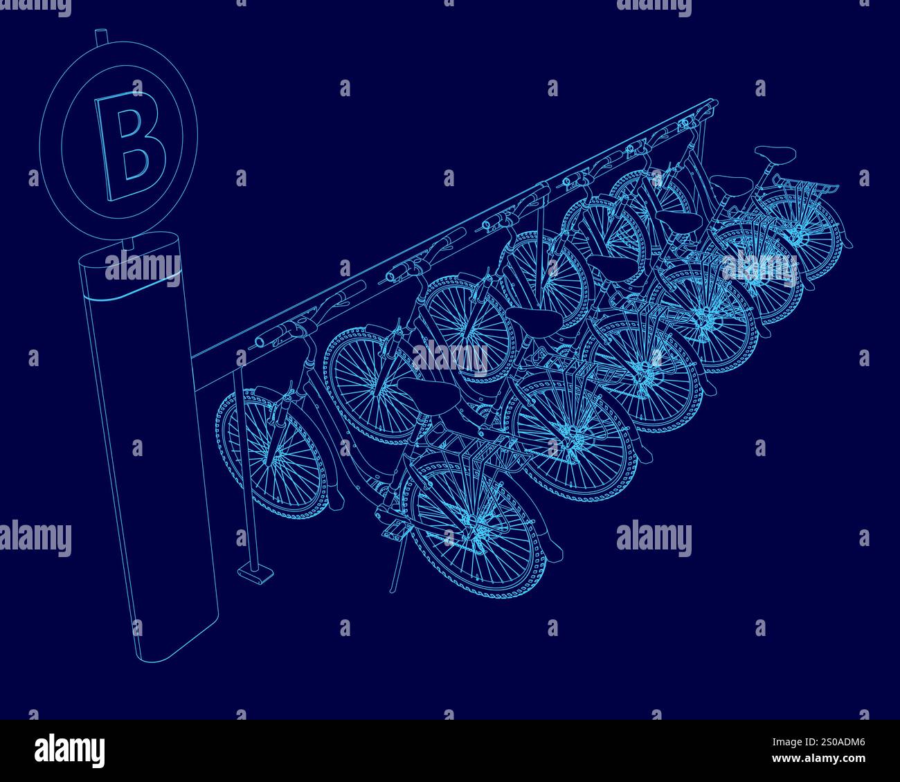 Blue image of a bike rack with a B sign above it. The bikes are parked ...