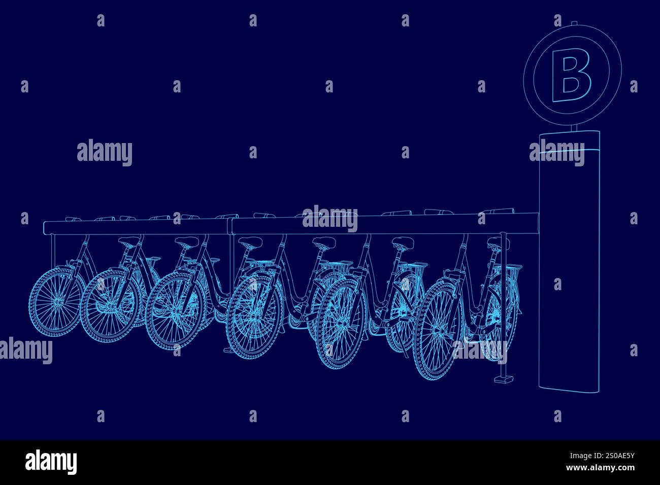 Blue sign with the letter B on it. The sign is above a row of bicycles ...