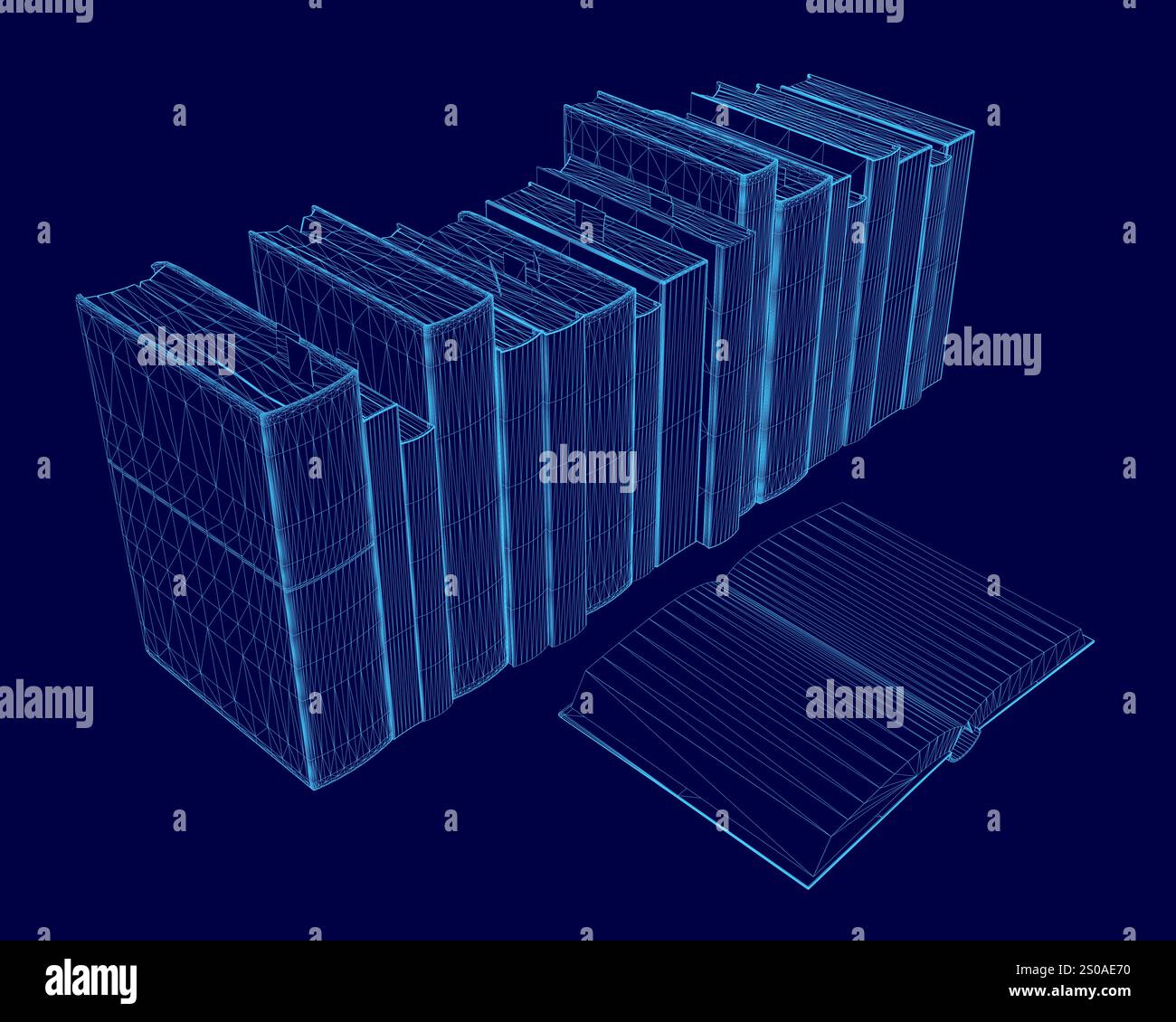 Stack of books is shown in a blue image. The books are arranged in a ...