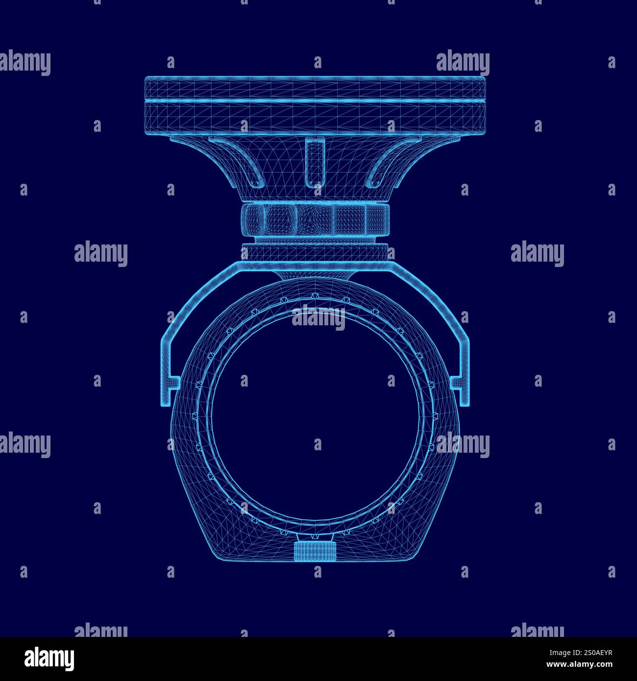 Blue drawing of a CCTV camera lens with a blue background. The lens is ...