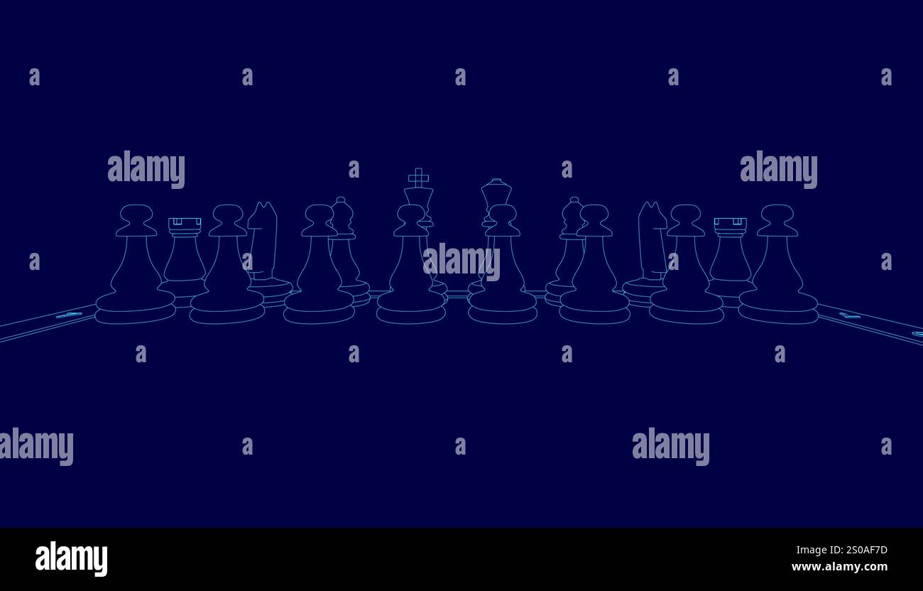 Blue background with a series of chess pieces. The chess pieces are ...