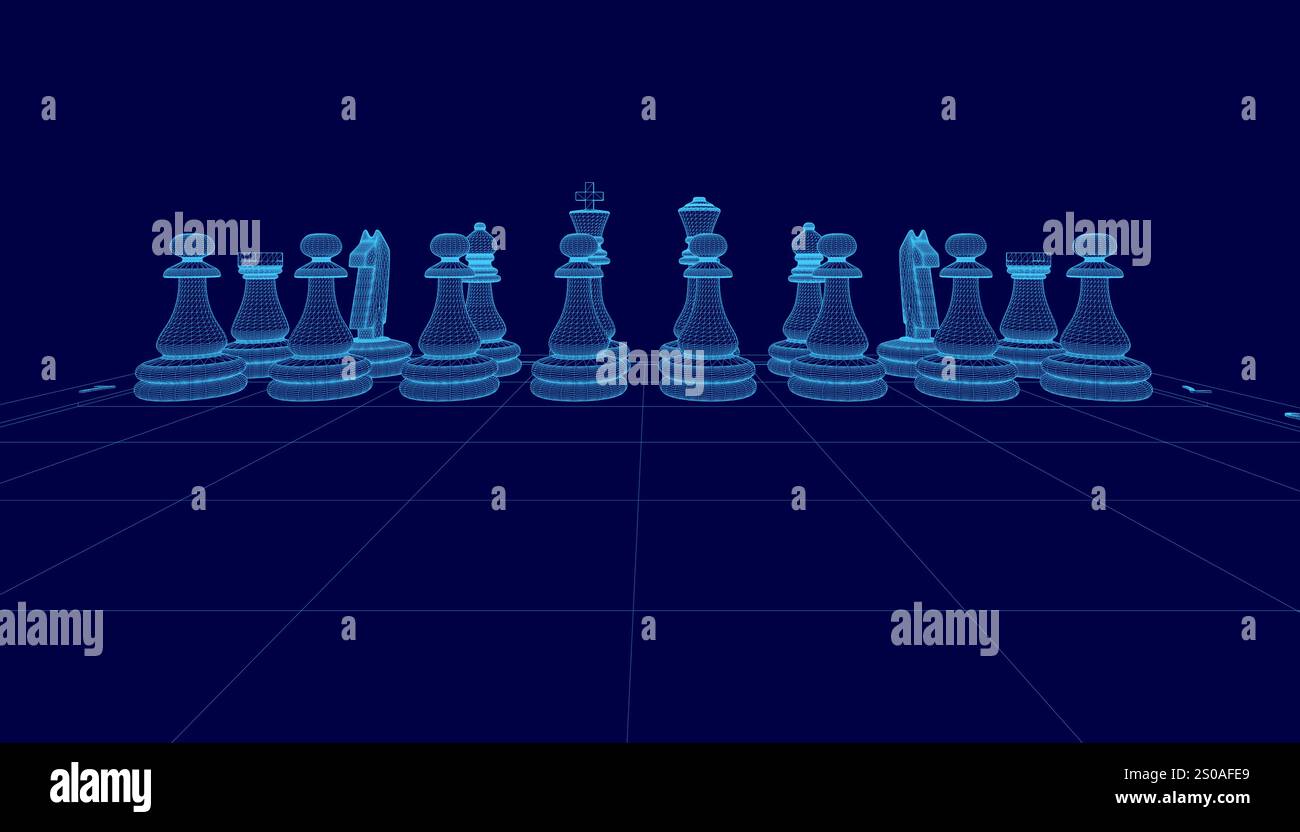 Blue chess board with a row of blue chess pieces. The chess pieces are ...