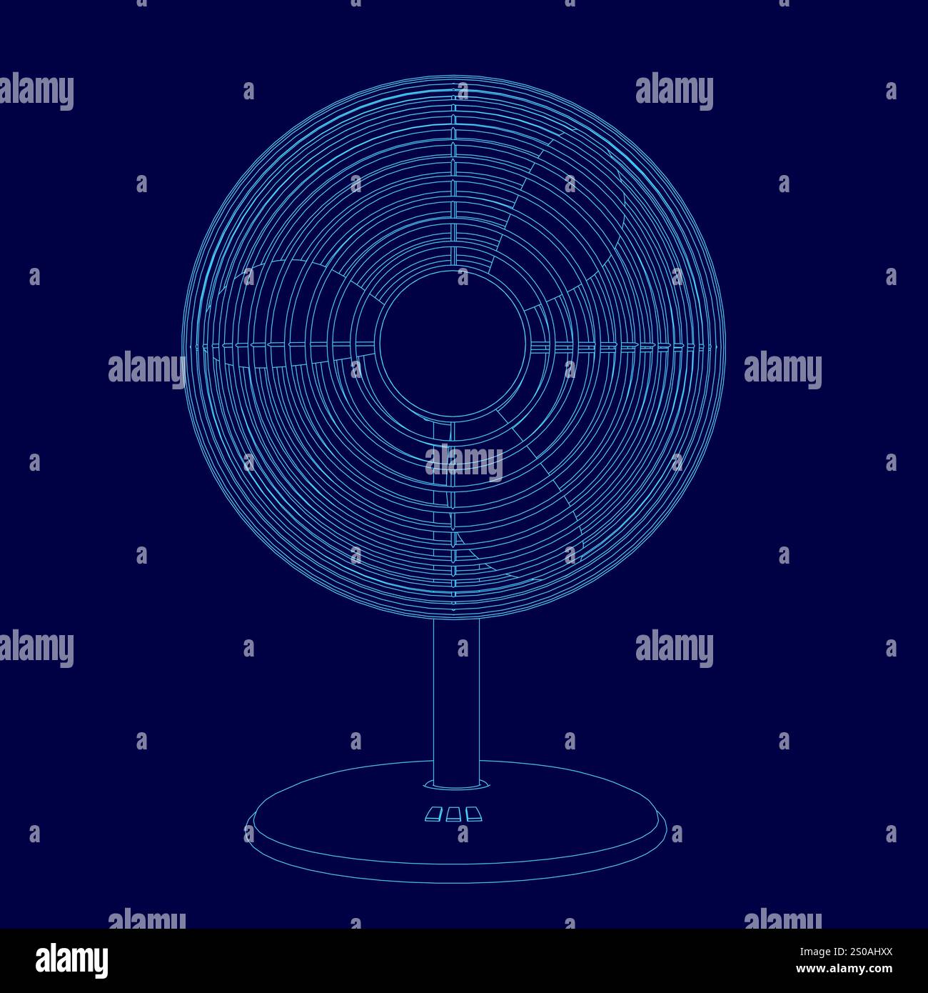 Blue fan with a base is displayed in a blue background. The fan is ...