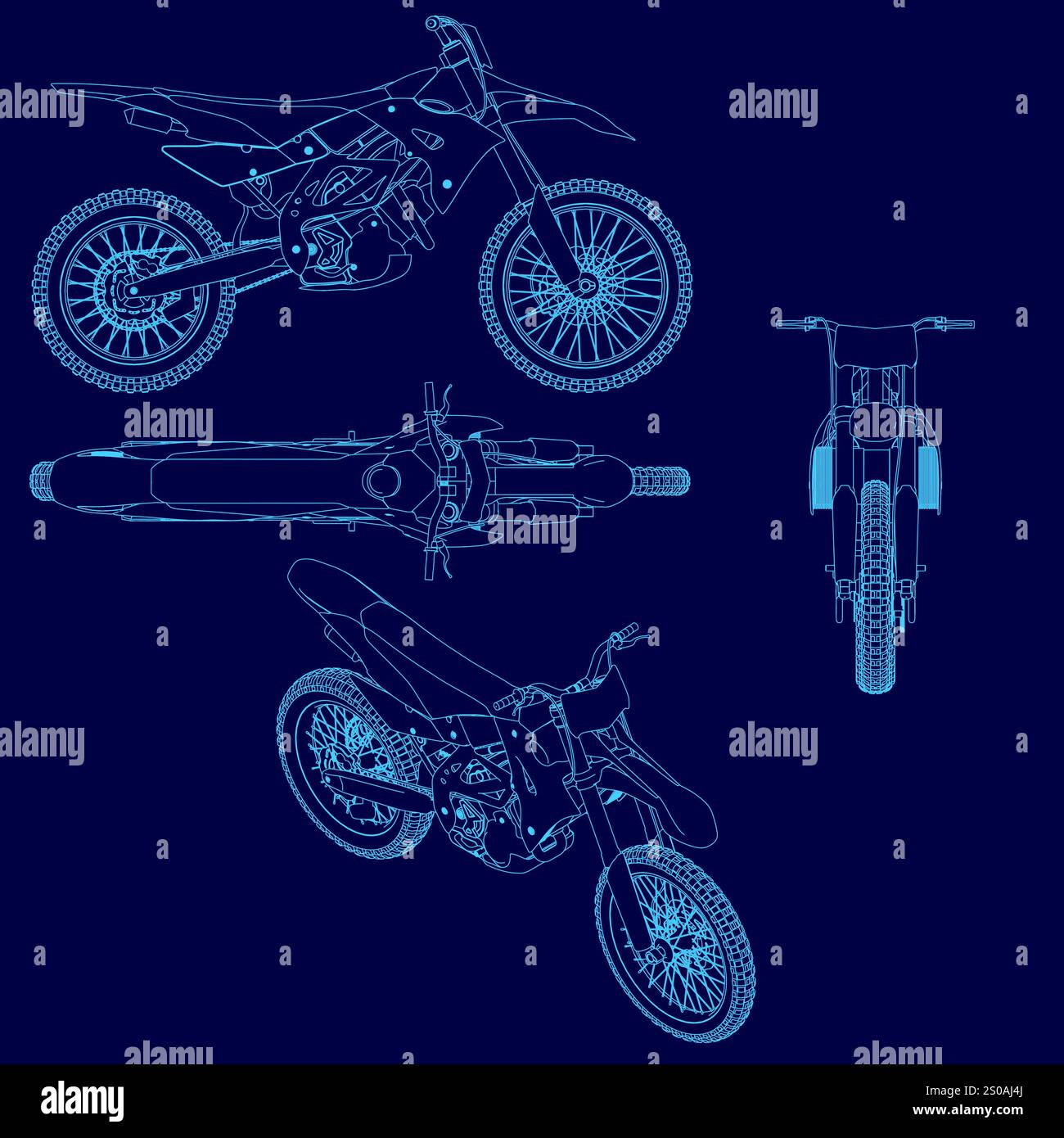 Blue motorcycle is shown in three different views. The first view shows ...