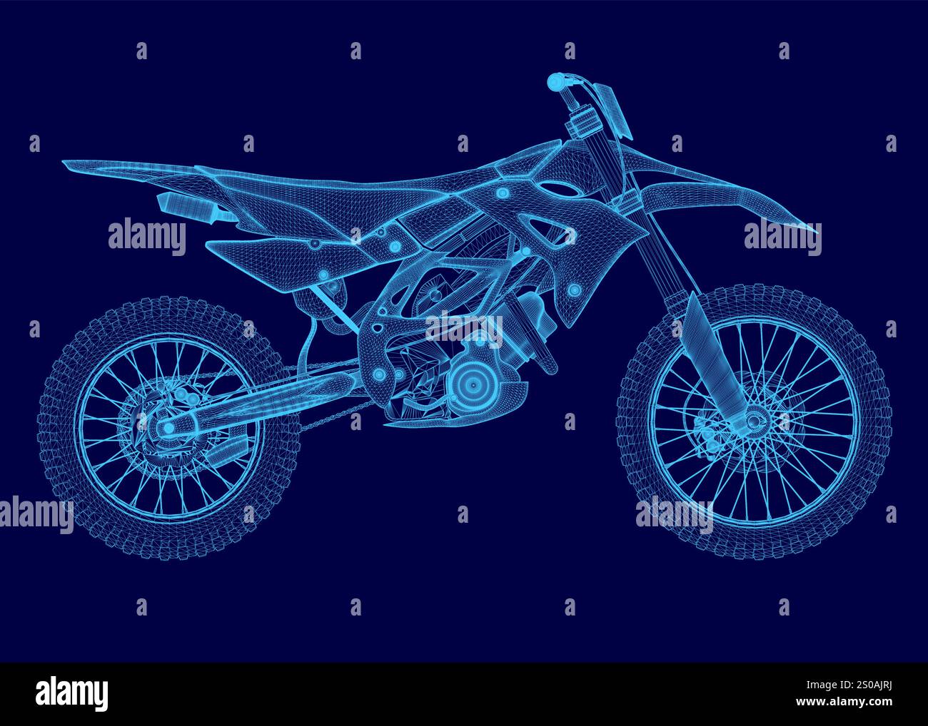 Blue motorcycle with a blue frame. The bike is shown in a 3D wireframe ...