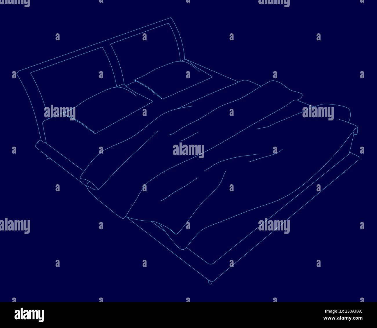 Bed with two pillows and a blanket. The bed is blue and the pillows are ...