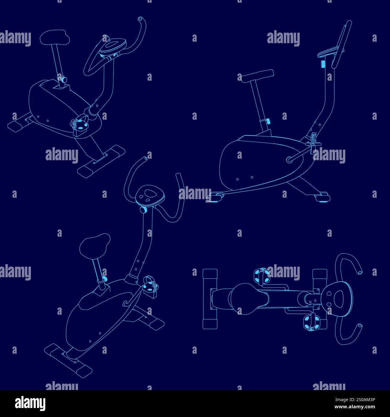 Blue image of a stationary bike with a black frame. The bike is shown ...