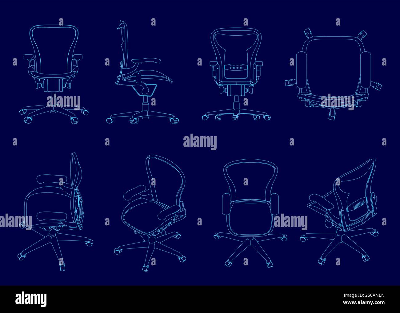 Series of chair designs are shown in blue. The chairs are all different ...