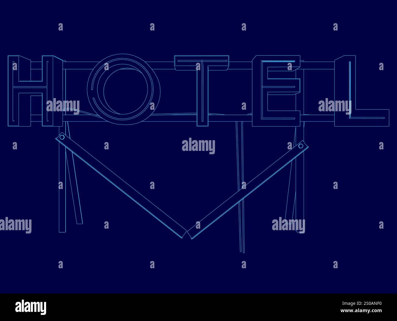 Blue sign with the word hotel written in blue letters. The sign is ...