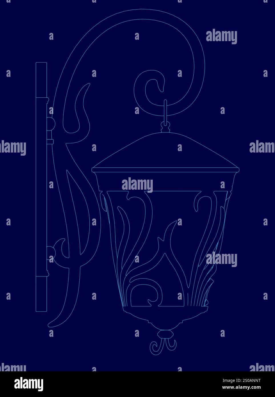 Blue drawing of a lamp with a blue background. The lamp is designed ...