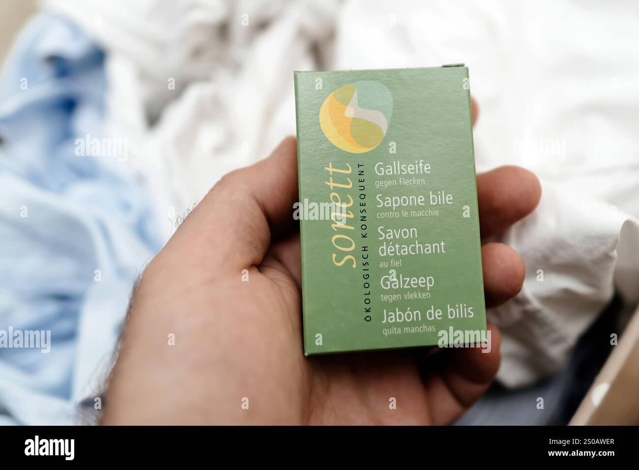 Paris, France - Mar 18, 2023: Hand holding a box of Sonett Gall Soap ...