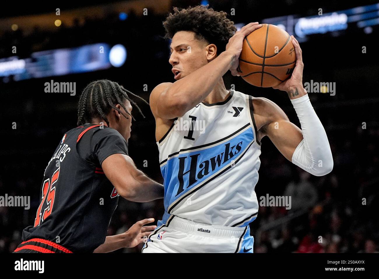 Atlanta Hawks forward Jalen Johnson (1) grabs a rebound against Chicago ...