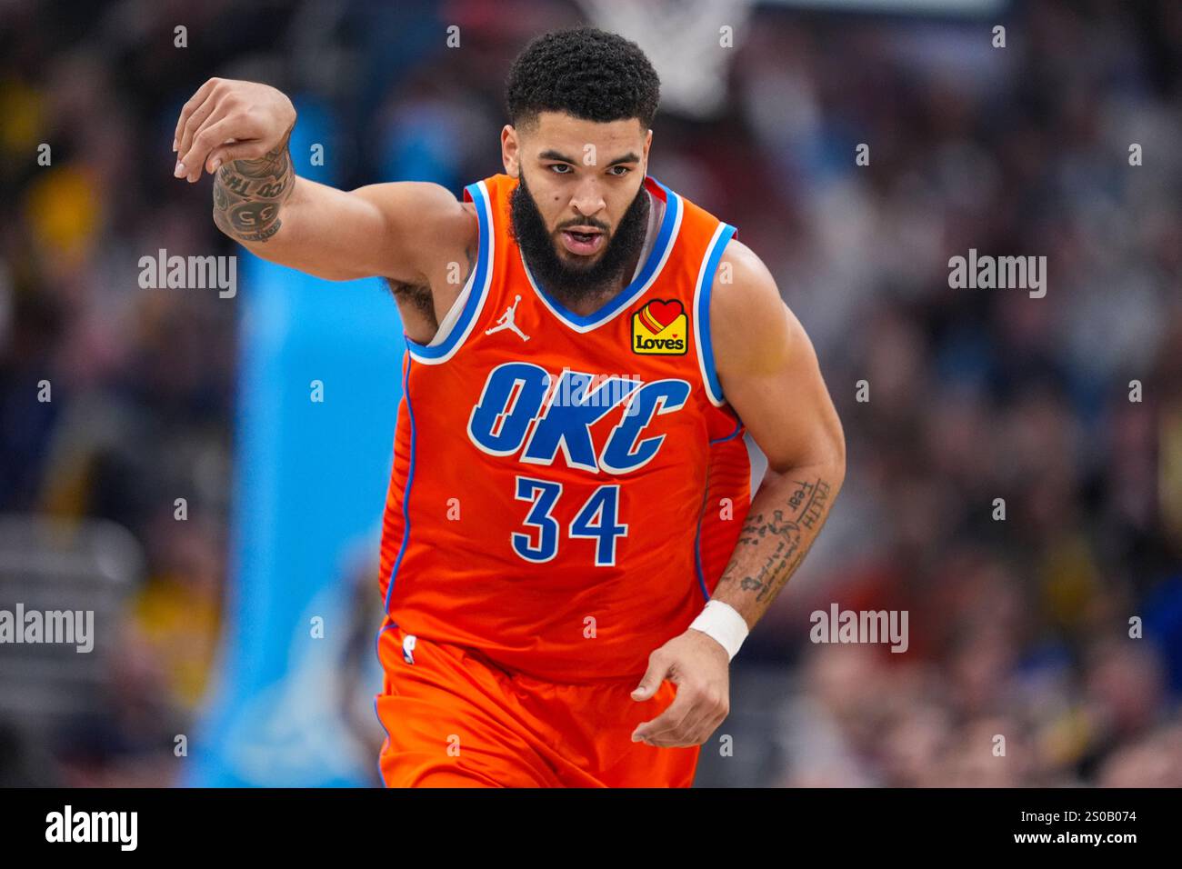 Oklahoma City Thunder forward Kenrich Williams (34) gestures after a ...