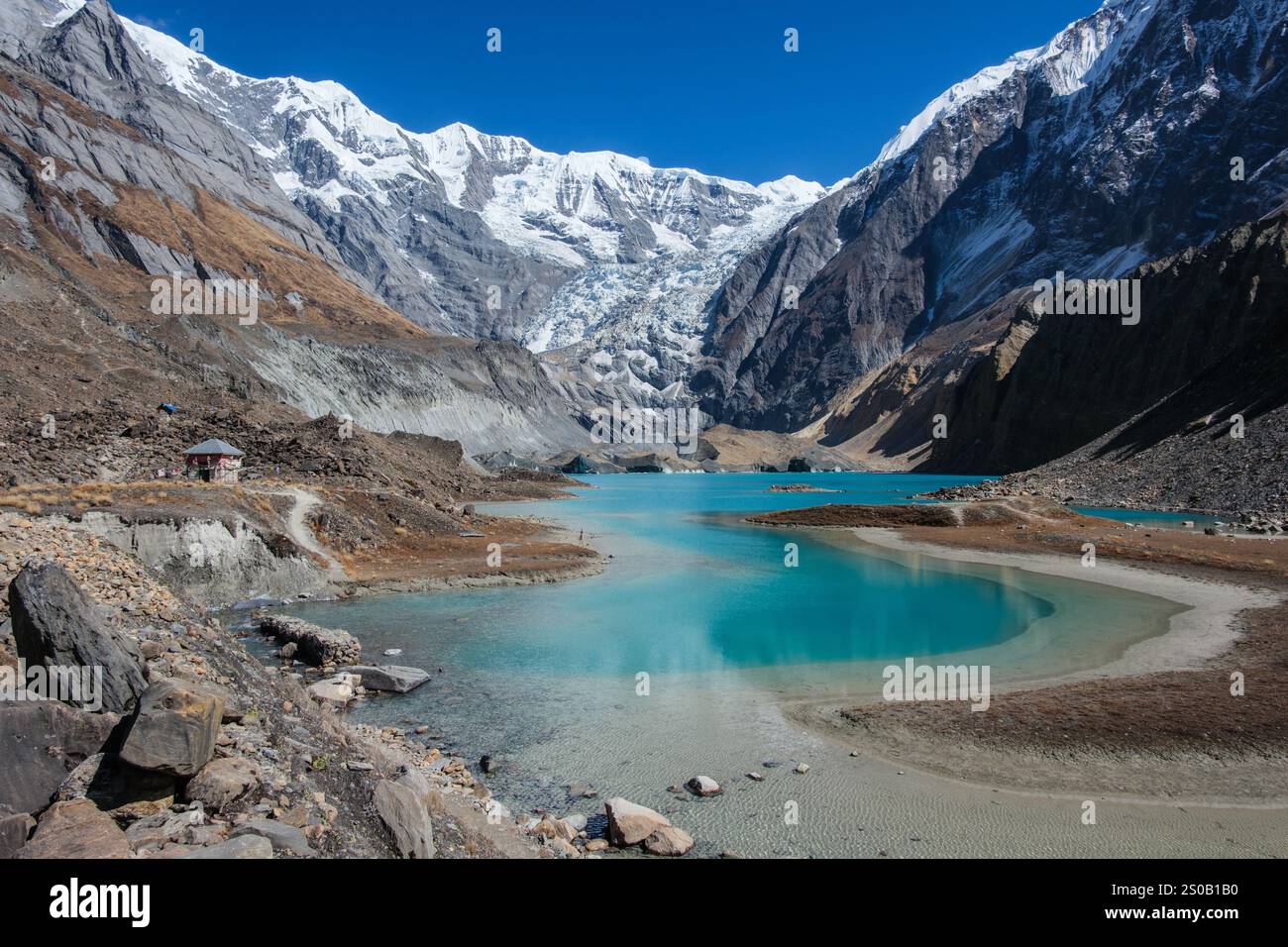 Beautiful turquoise Narchang Lake at foot of Annapurna North Glacier ...