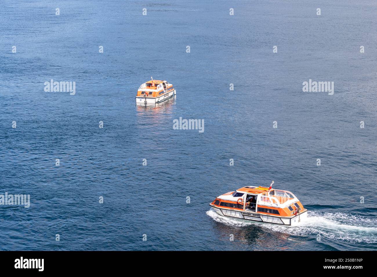 Tender boat from Cunard Queen Elizabeth cruise ship transporting ...