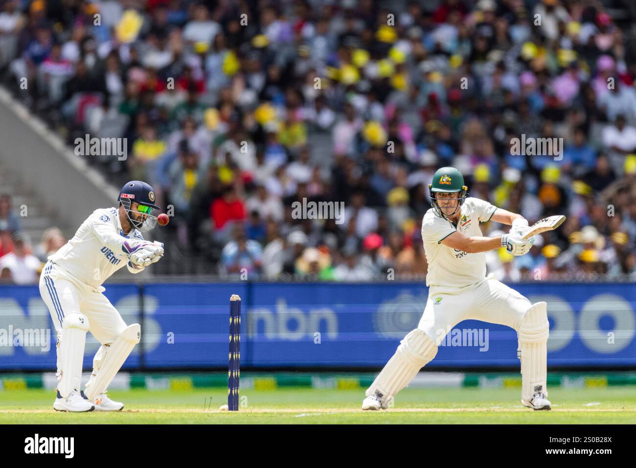 MELBOURNE, AUSTRALIA - DECEMBER 27: Pat Cummins of Australia drives ...