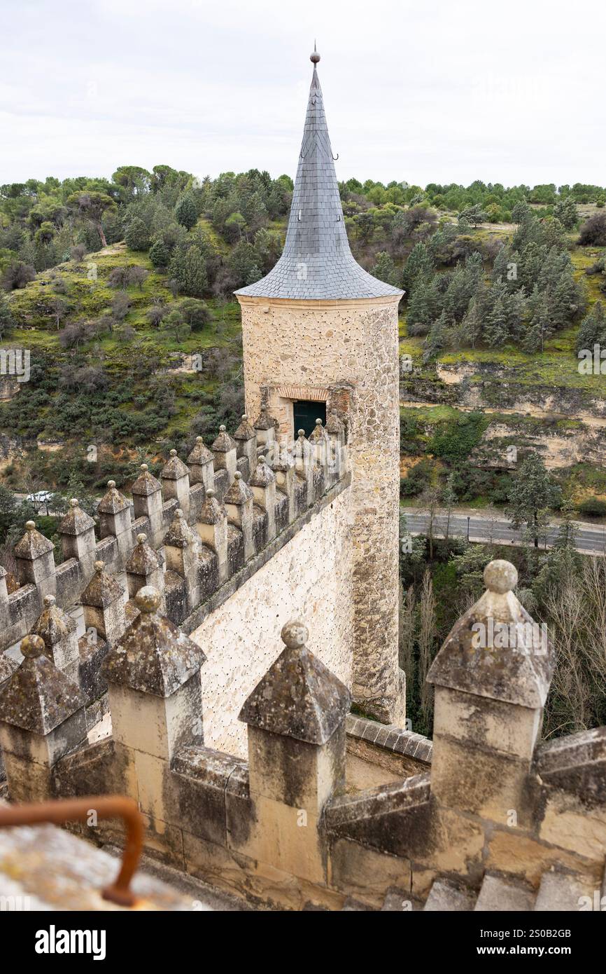 Looking down on a turret and walkway at the Alcazar, a medieval castle ...