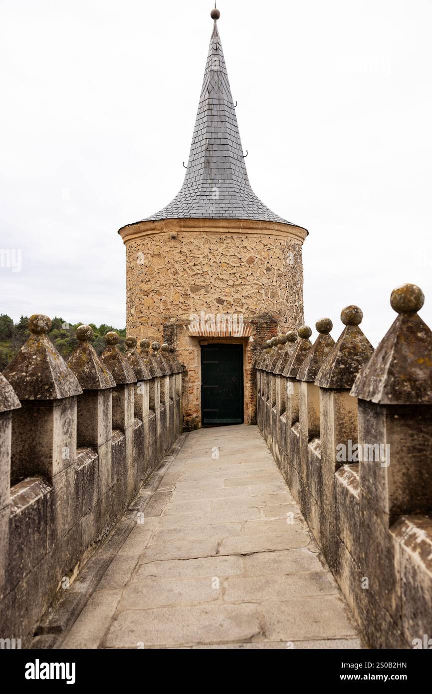 A turret and walkway at the Alcazar, a medieval castle in Segovia ...