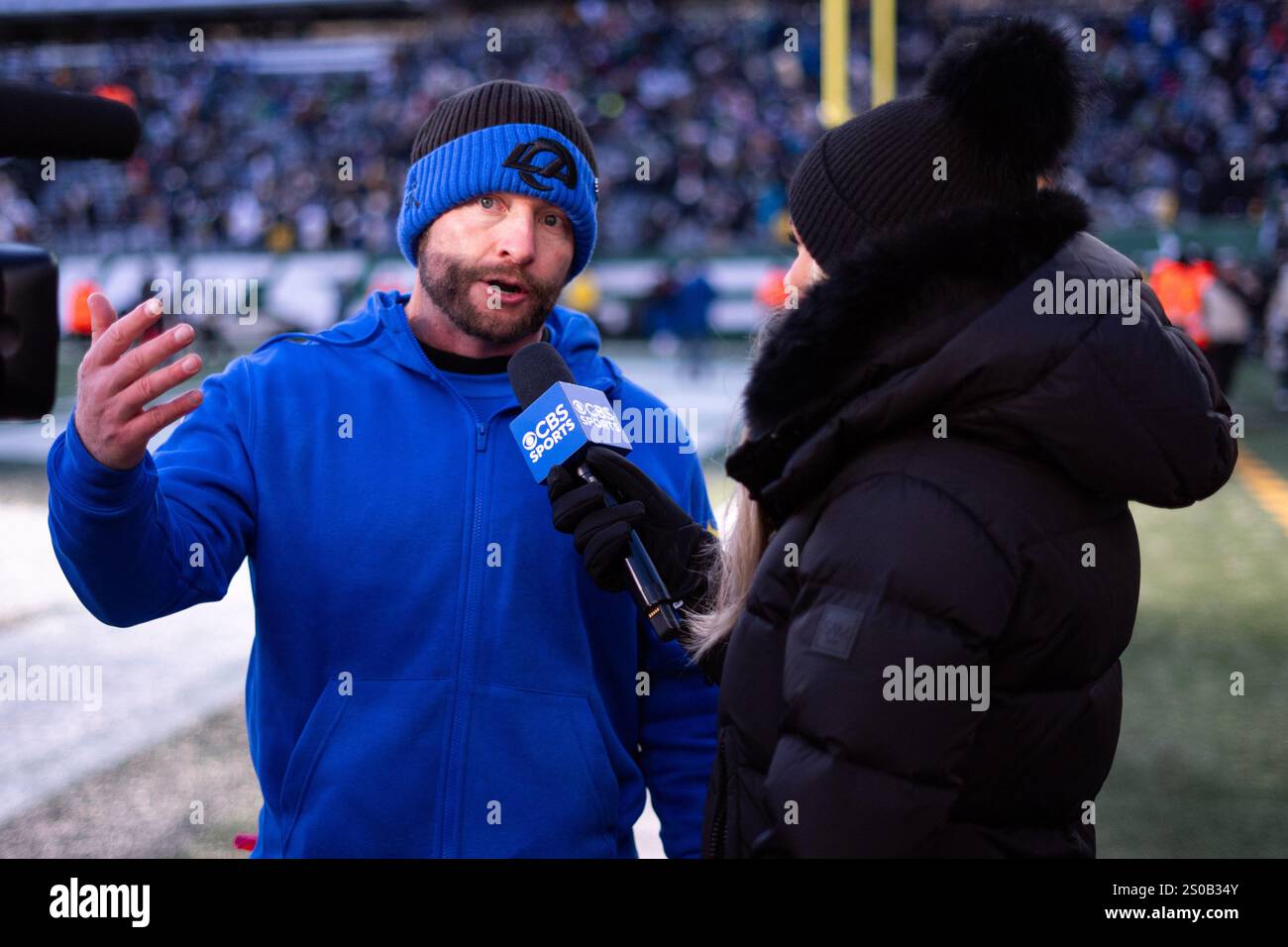 Los Angeles Rams head coach Sean McVay gets interviews at the half ...