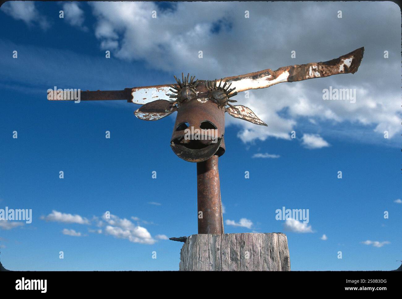 Junkyard art, untitled piece on a fence post near Utica, MT. Longhorn ...