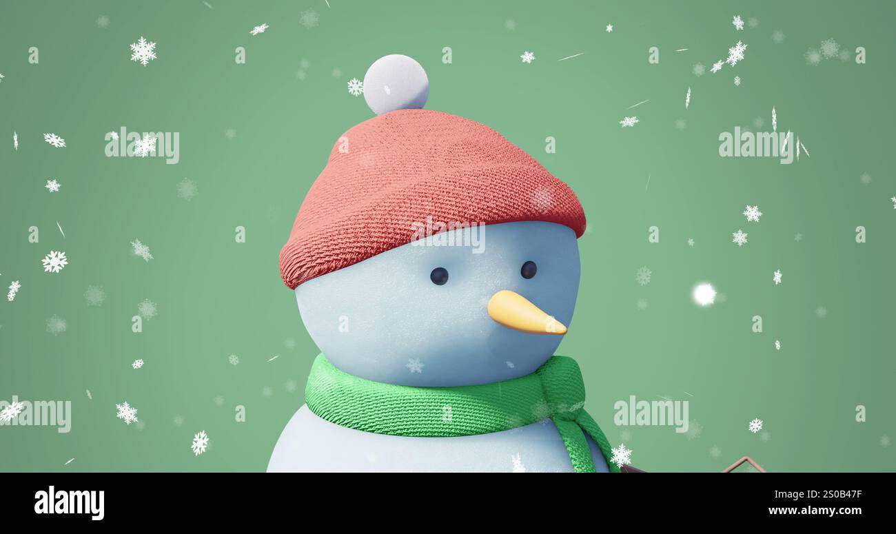 Image of christmas snow man moving over snow falling on green ...