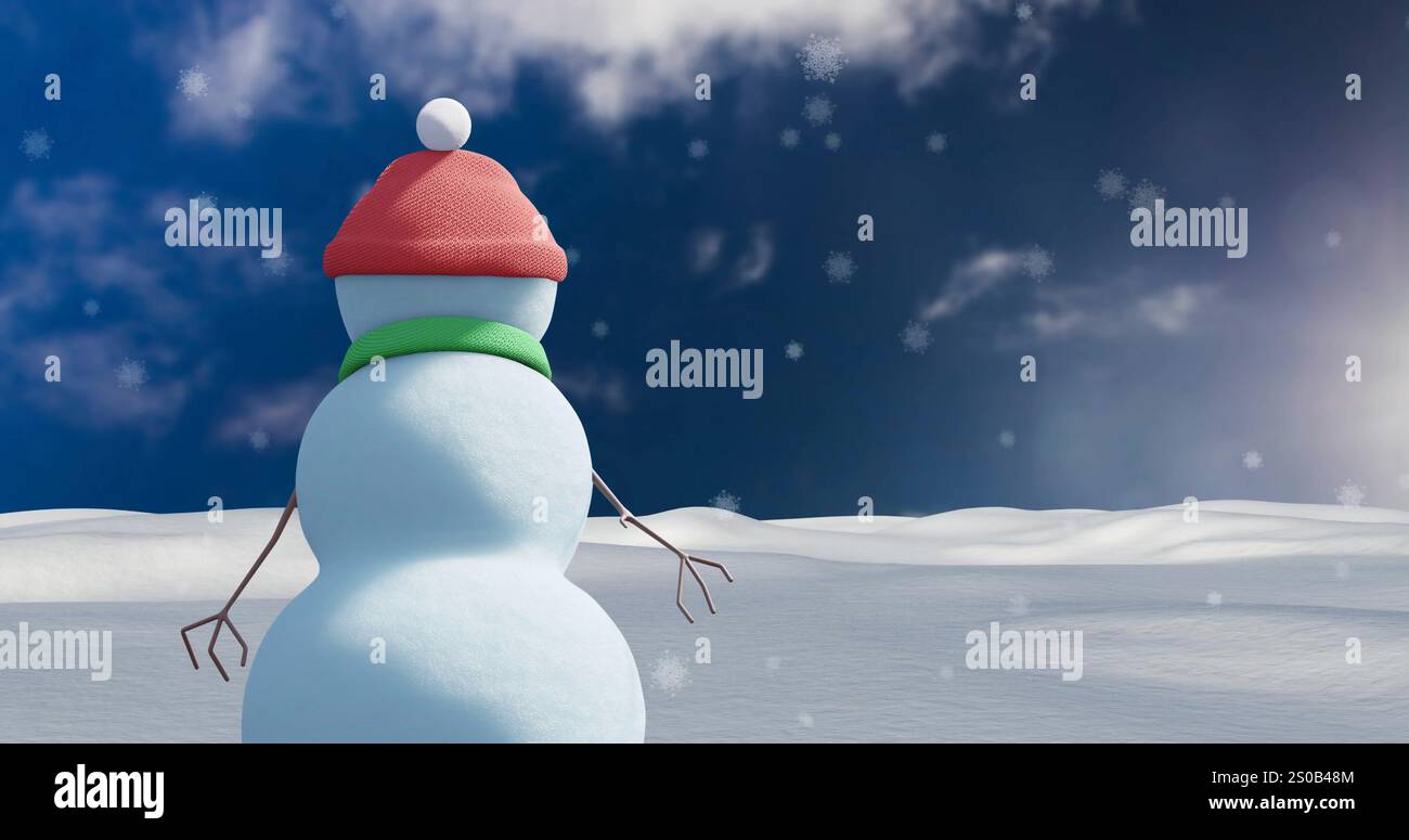 Image of christmas snow man moving over snow falling on winter scenery ...
