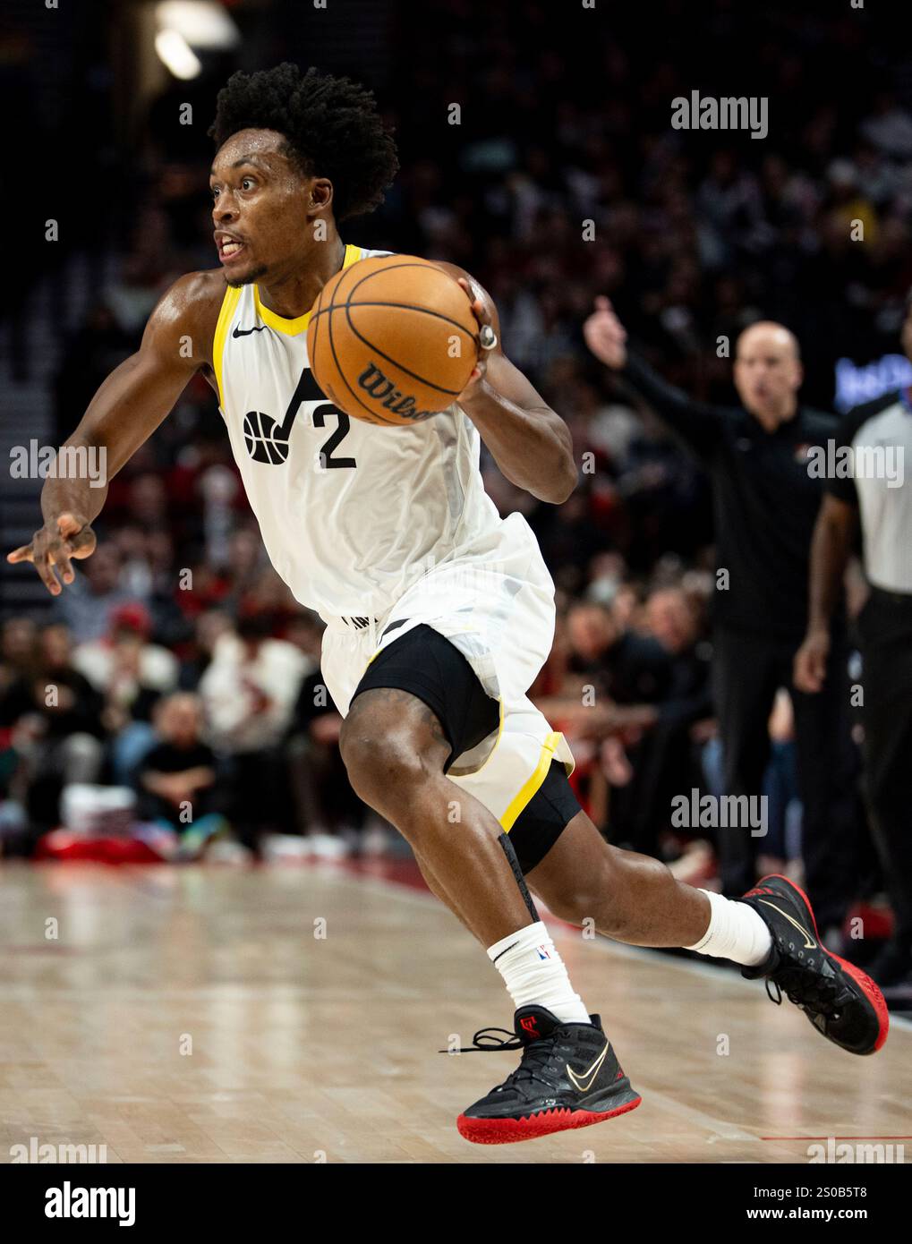Utah Jazz guard Collin Sexton drives to the hoop against the Portland ...