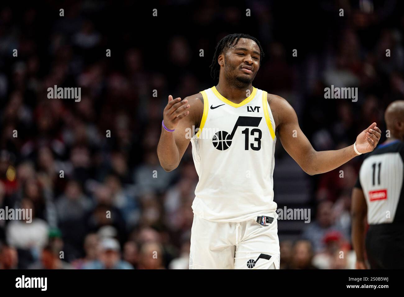 Utah Jazz guard Isaiah Collier reacts to the foul against the Portland ...