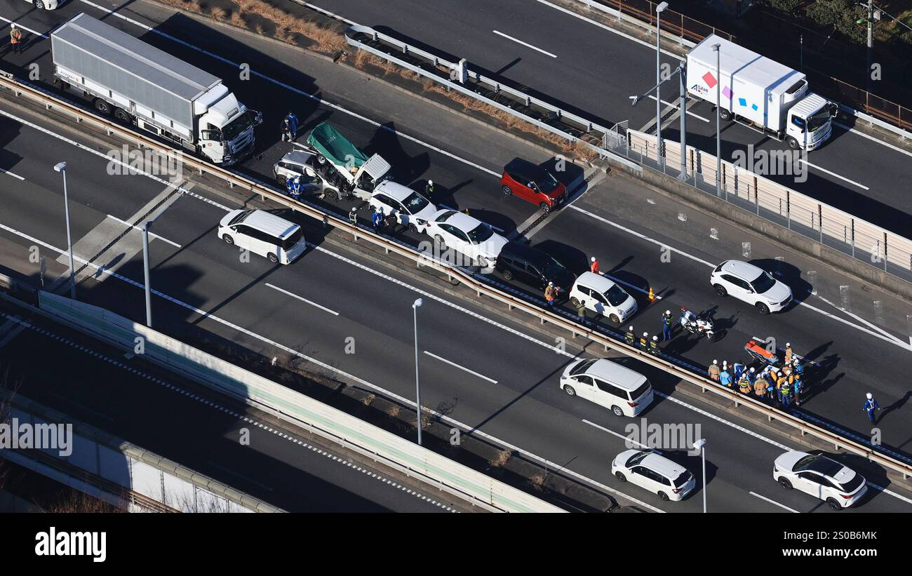 An aerial photo shows an accident site on the outbound lane of the ...