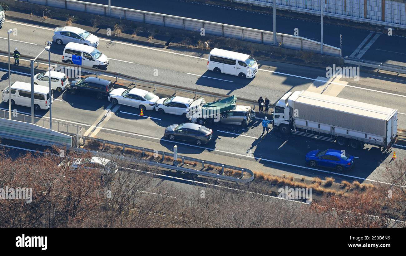 An aerial photo shows an accident site on the outbound lane of the ...