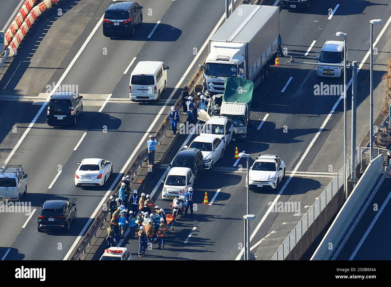 An aerial photo shows an accident site on the outbound lane of the ...