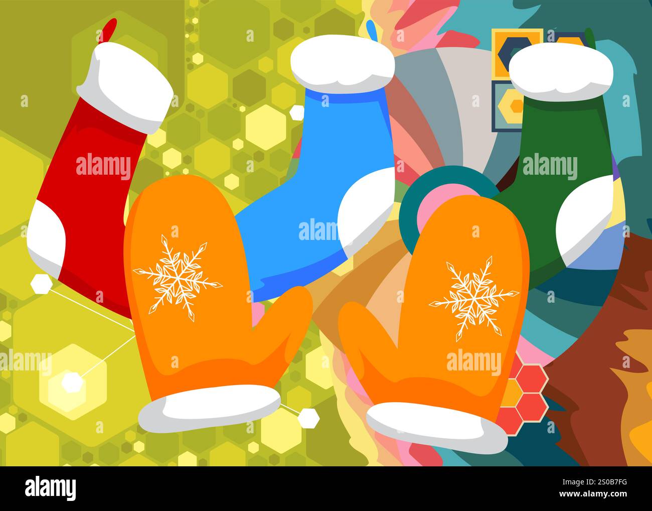 PriRetro 70s Background with Mitten Glove and Christmas stocking ...