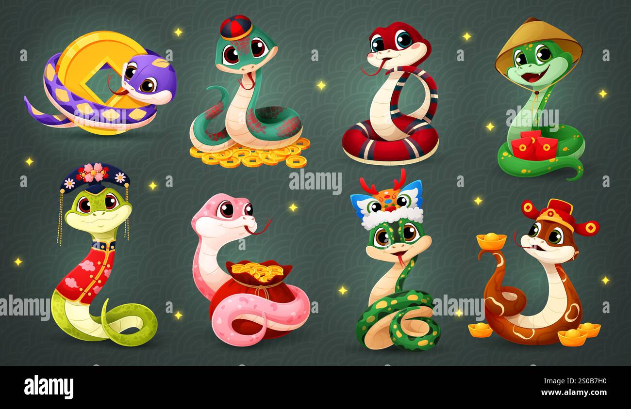 2025 lunar year funny cartoon snake characters for Chinese holiday ...