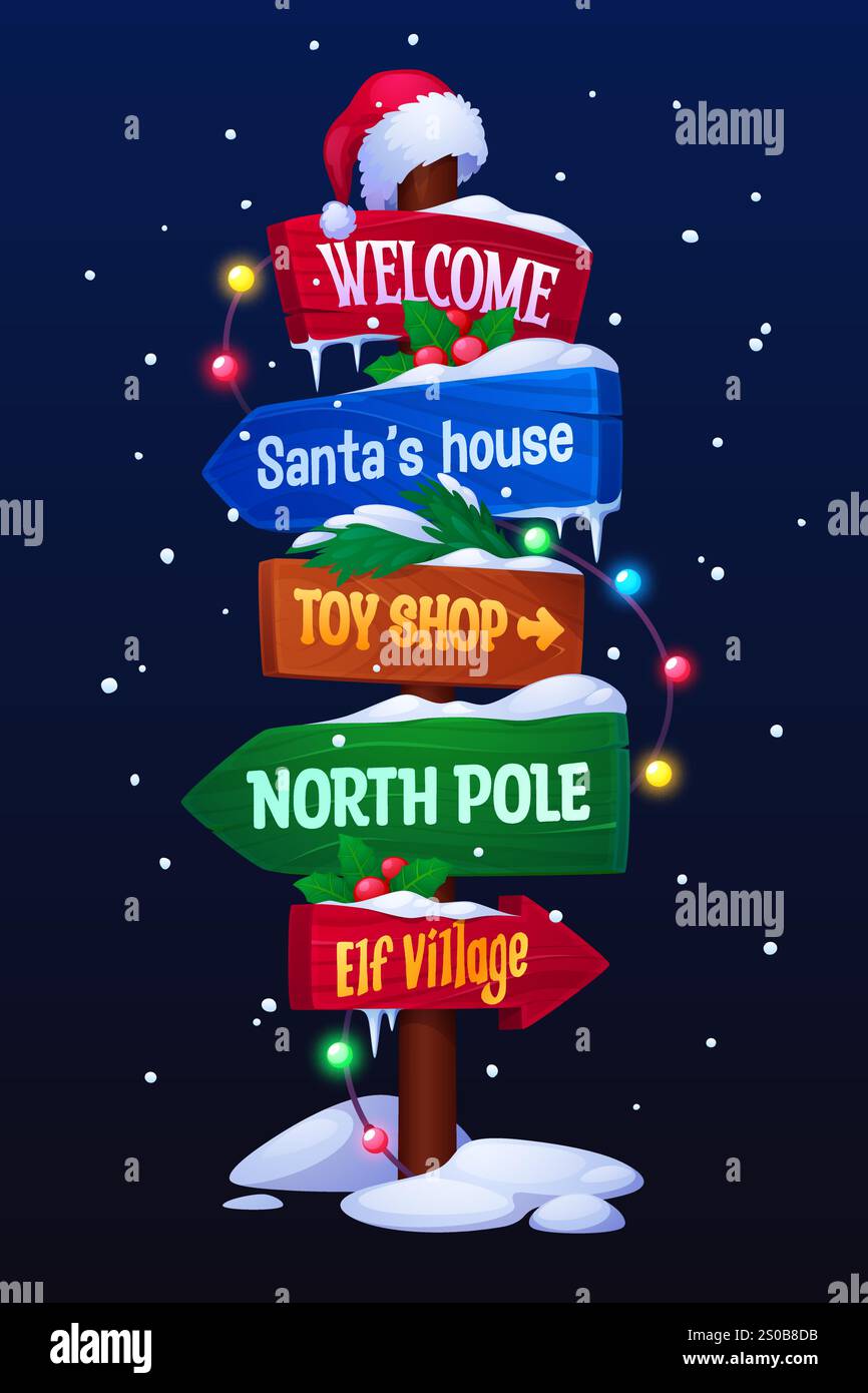 Wooden Christmas sign board or Xmas North Pole signage with Santa hat ...